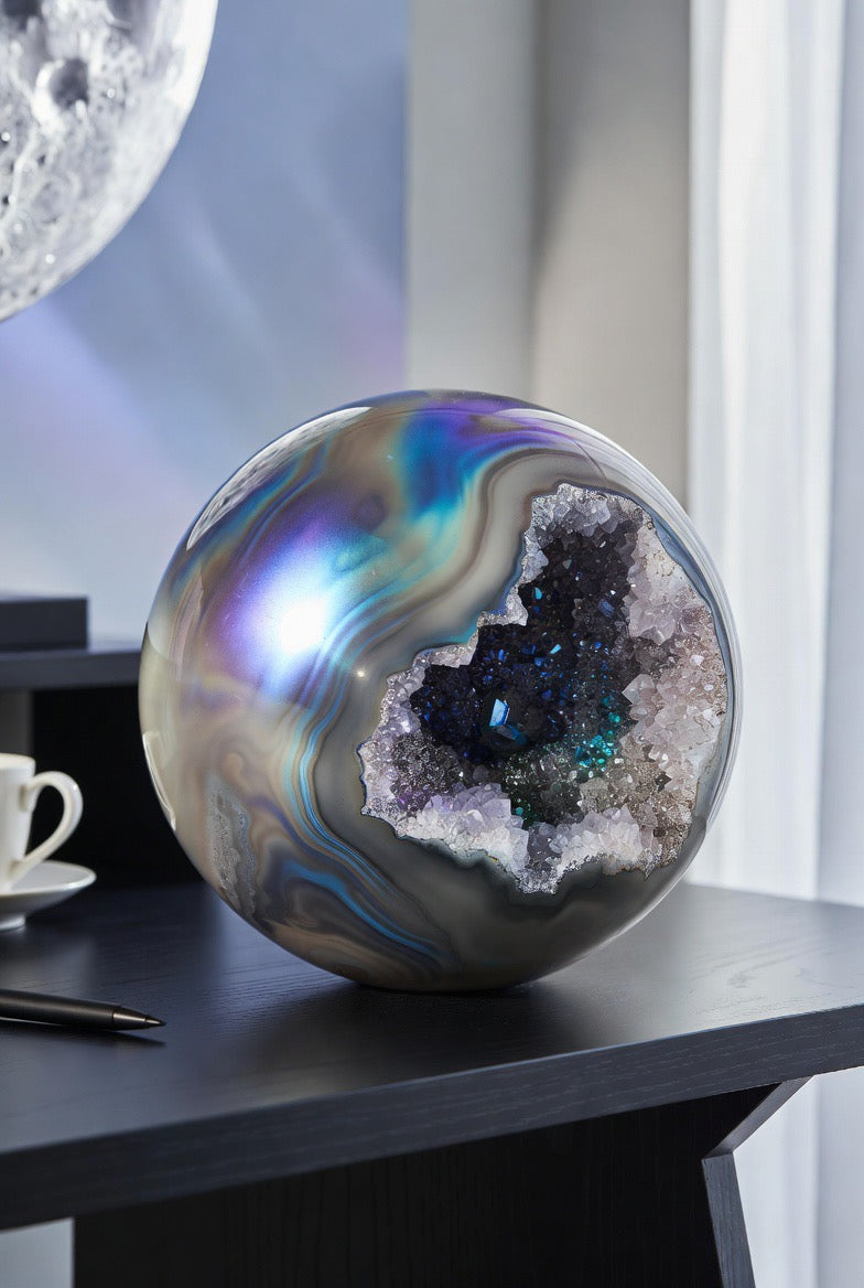 TITANIUM AURA AGATE GEODE SPHERE MODERN – TRUE NATURE STORE